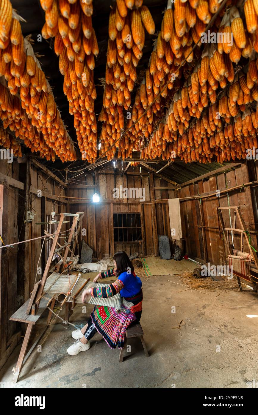 Ha Giang - January 15, 2024: Linen weaving - traditional cultural ...