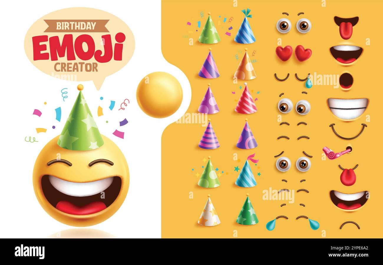 Emojis birthday creation kit clipart set. Birthday emoji character with ...