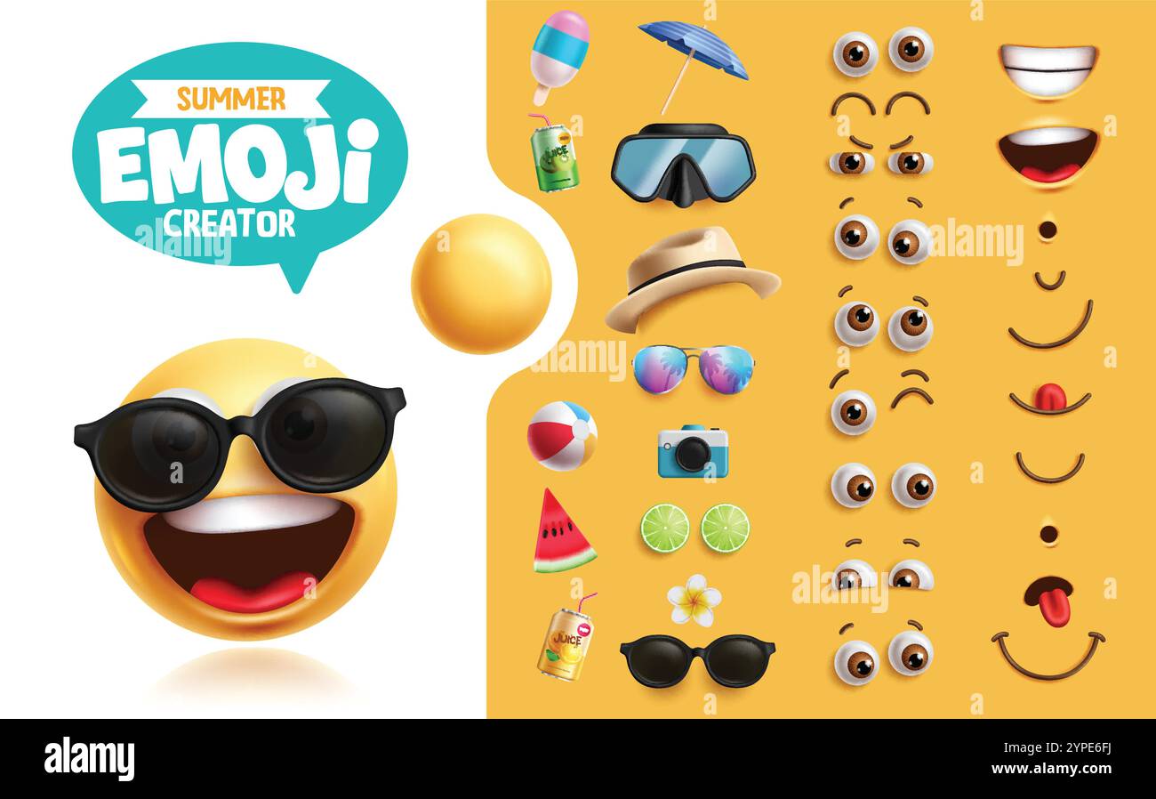 Summer emoji creation kit clipart set. Emoji summer character with cool ...