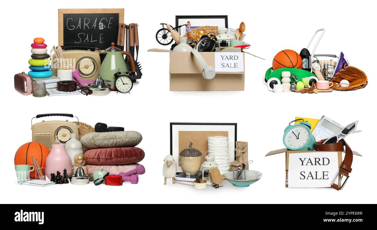 Garage or yard sale. Different stuff isolated on white, set Stock Photo ...