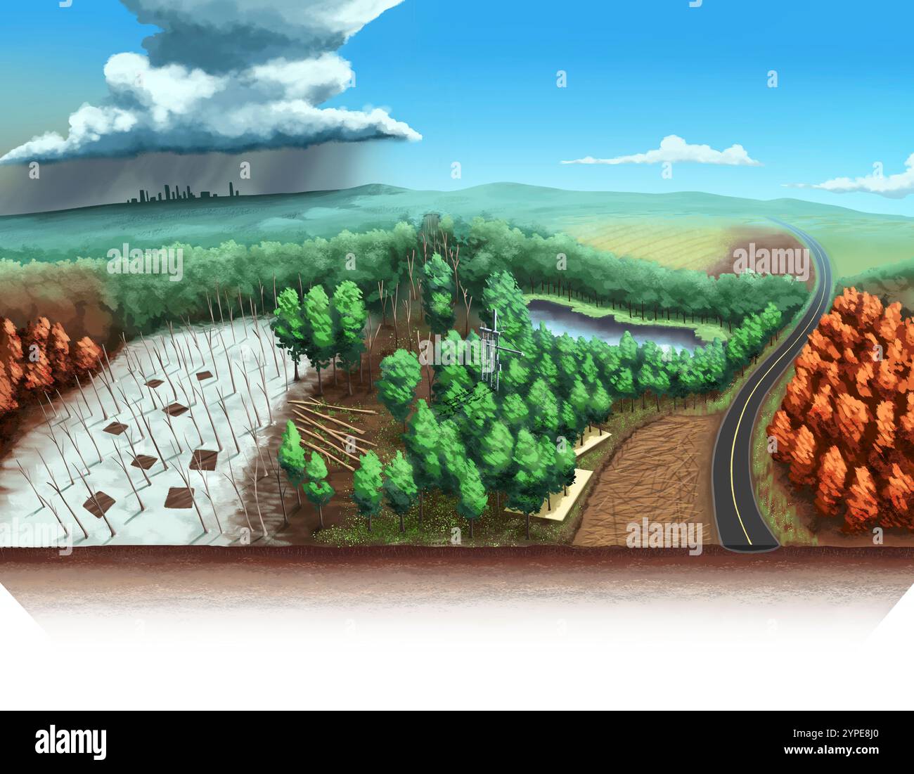 Forest seasonal landscapes, conceptual illustration. Four seasons of a ...
