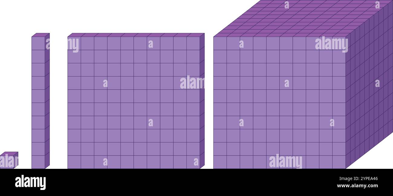 Purple blocks illustrating mathematical concepts and dimensions Stock ...