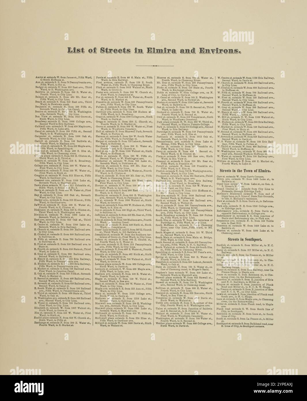List of Streets in Elmira and Environs. 1876 Stock Photo - Alamy