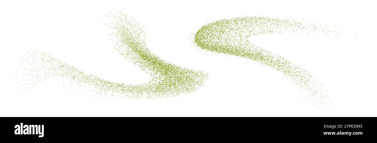 Flying matcha powder, dust particles in motion, green splashes isolated ...