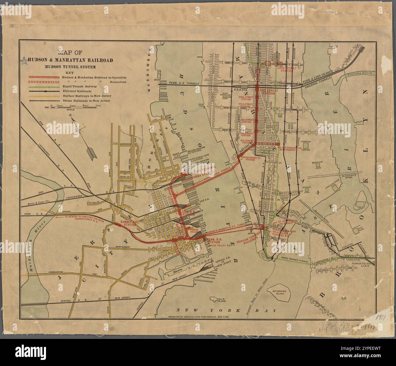 Map of Hudson & Manhattan Railroad Hudson tunnel system 1911 Stock ...