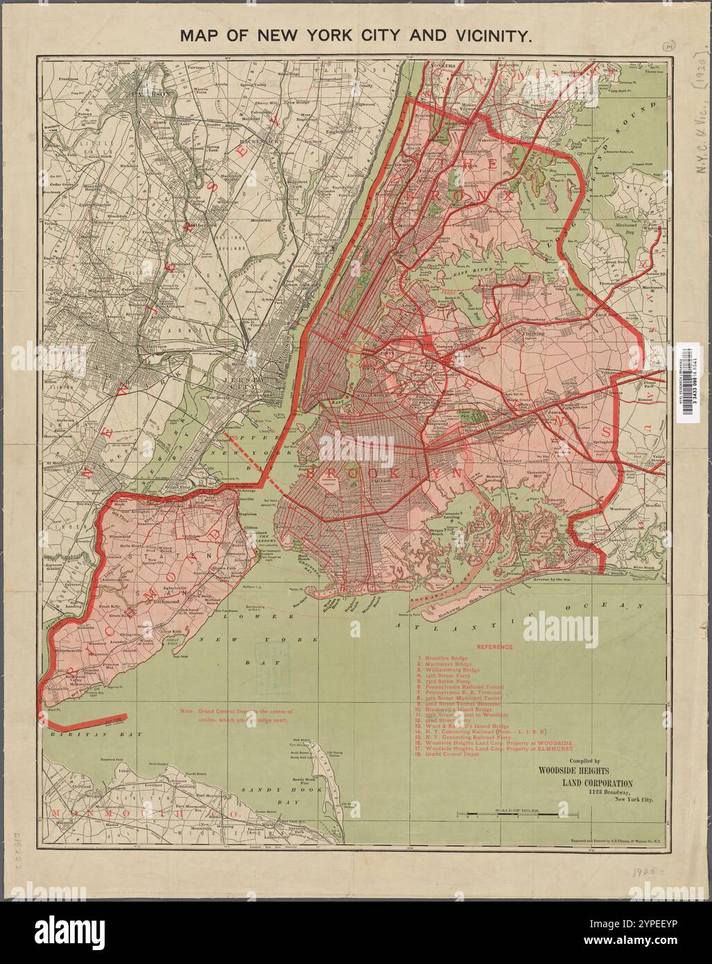 Map of New York City and vicinity 1920 by Woodside Heights Land ...