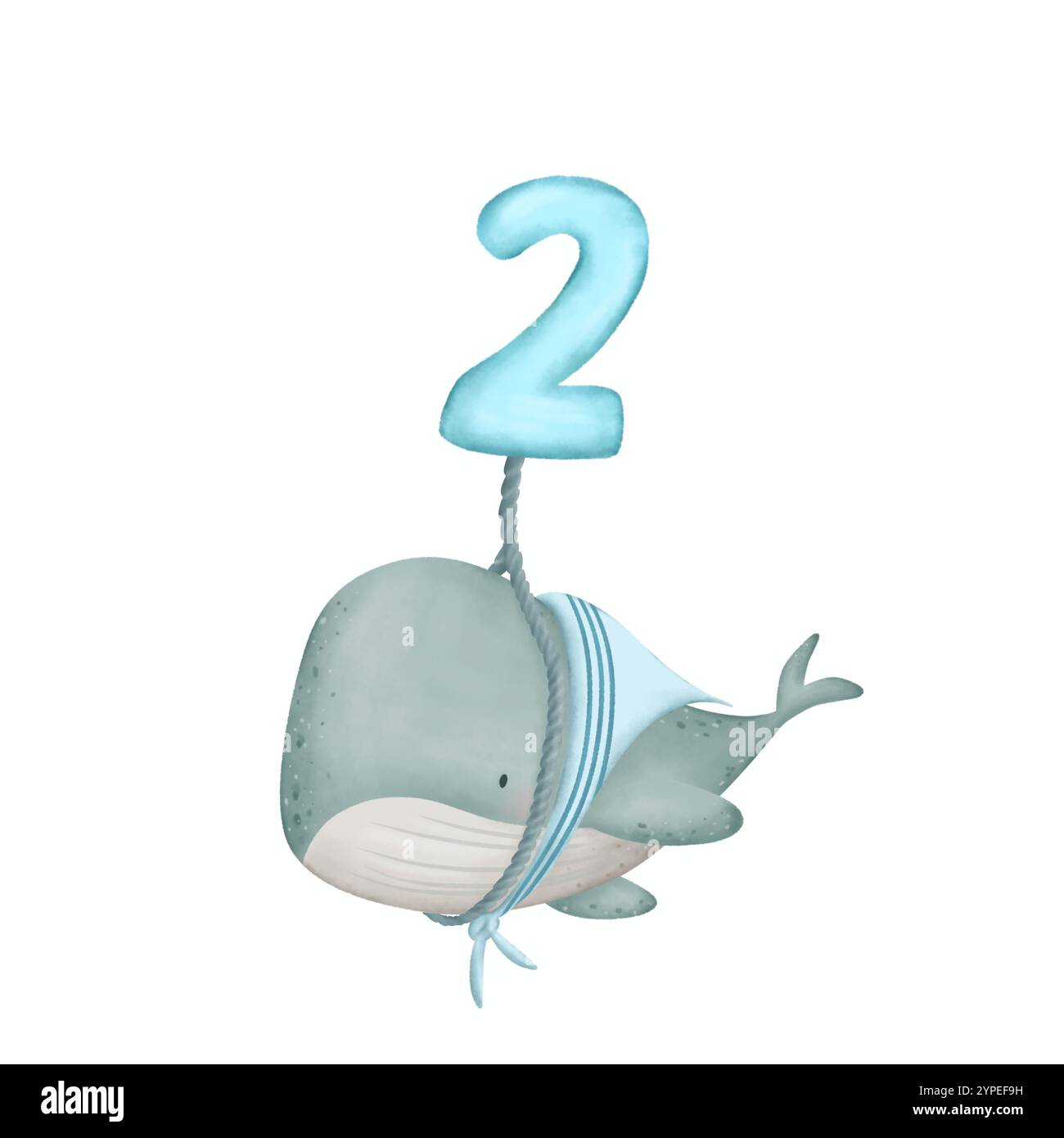 A cute whale in his birthday celebrate. Whale is bring a blue number 2 ...