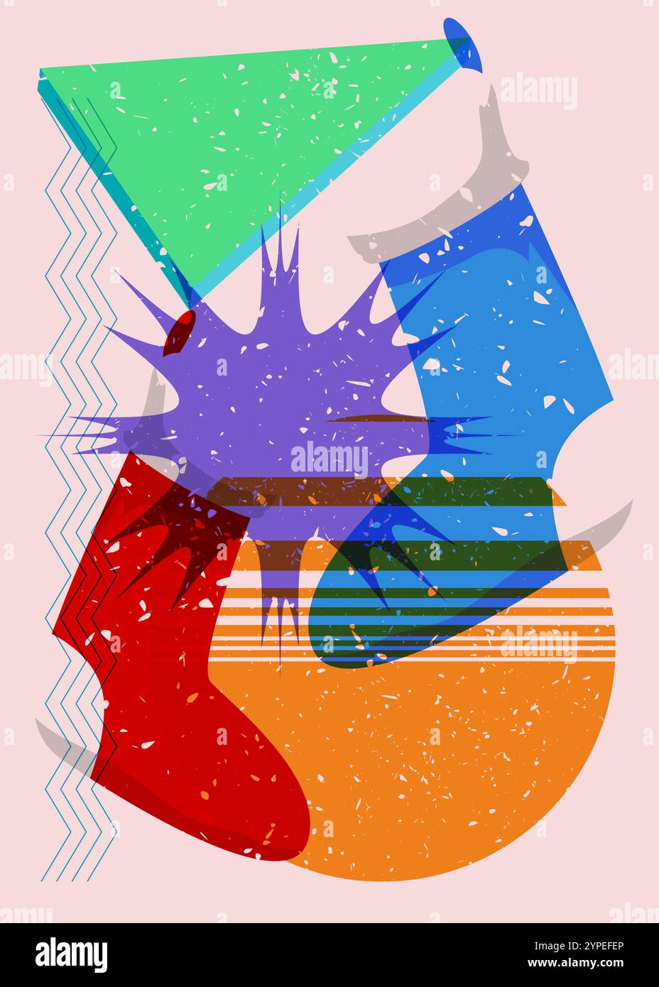 Risograph Christmas stocking with geometric shapes. Objects in trendy ...