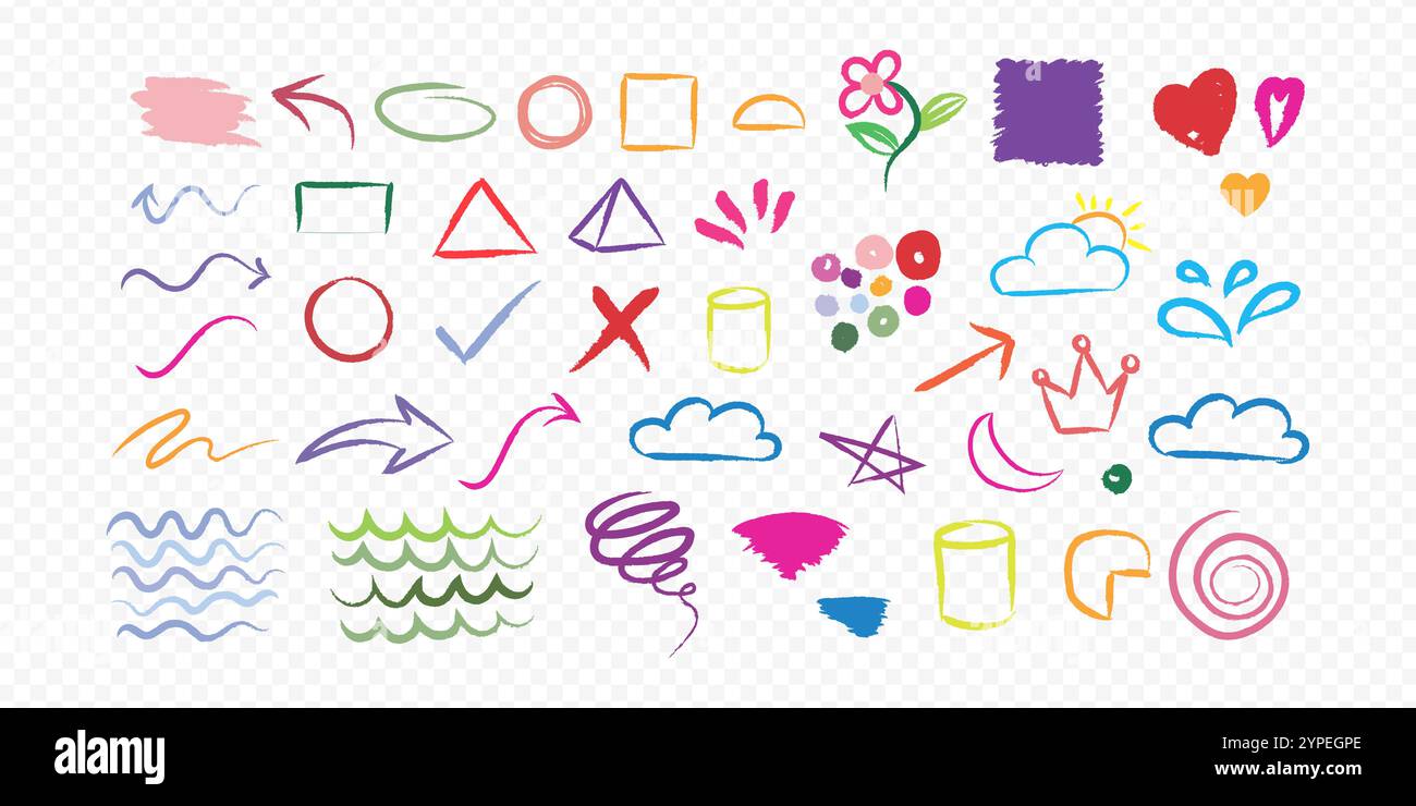 Vector hand drawn comic doodle symbols collection on transparent ...