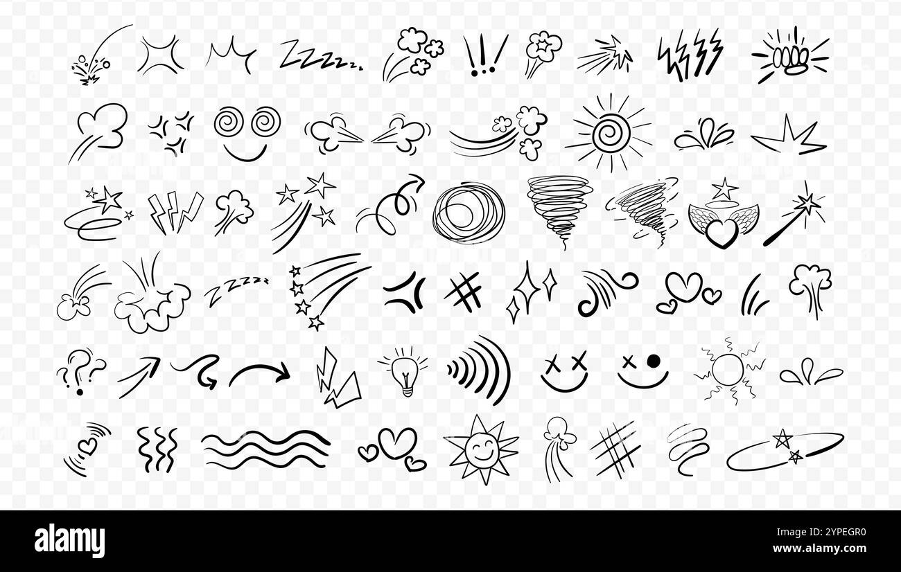 Vector hand drawn comic doodle symbols collection on transparent ...