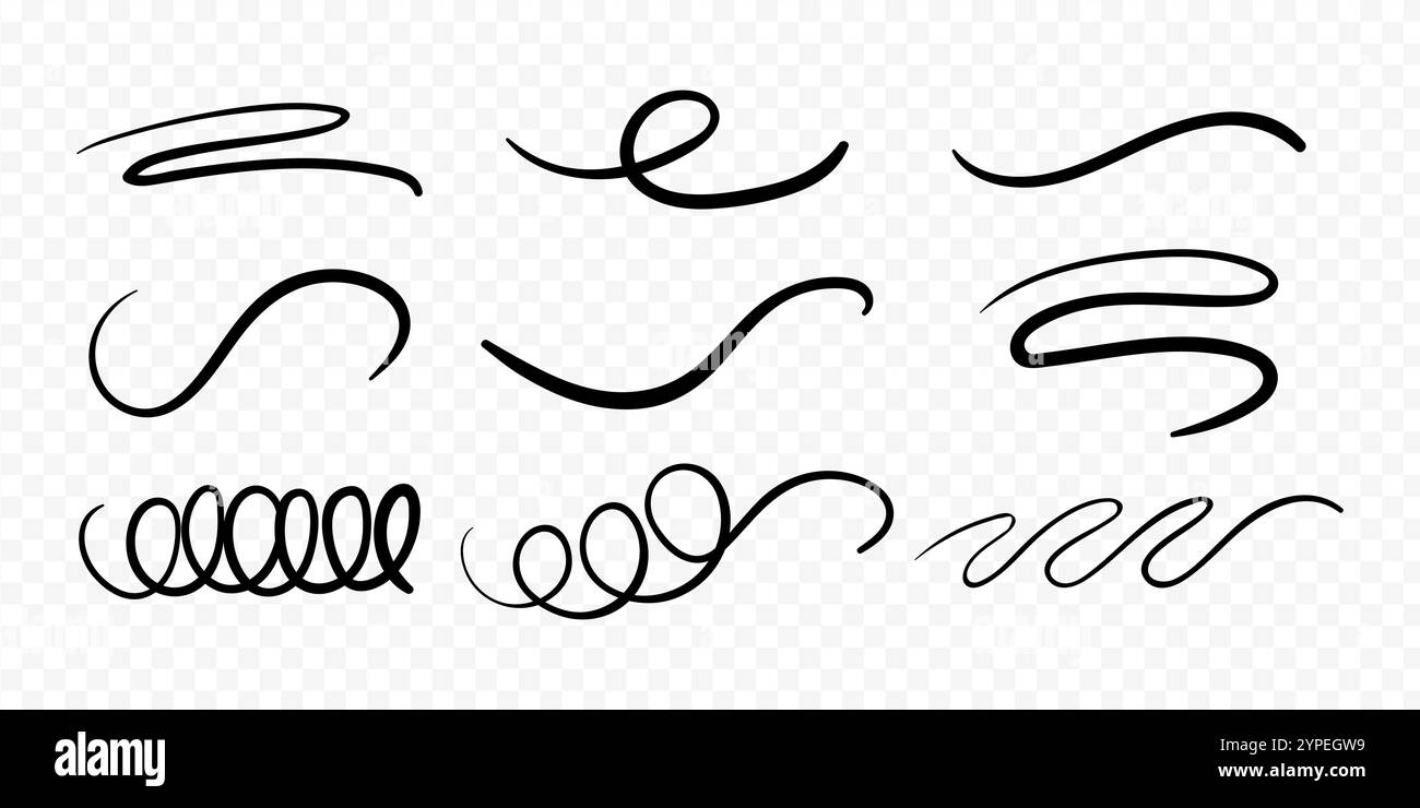 Vector hand drawn curly lines set on transparent background Stock ...