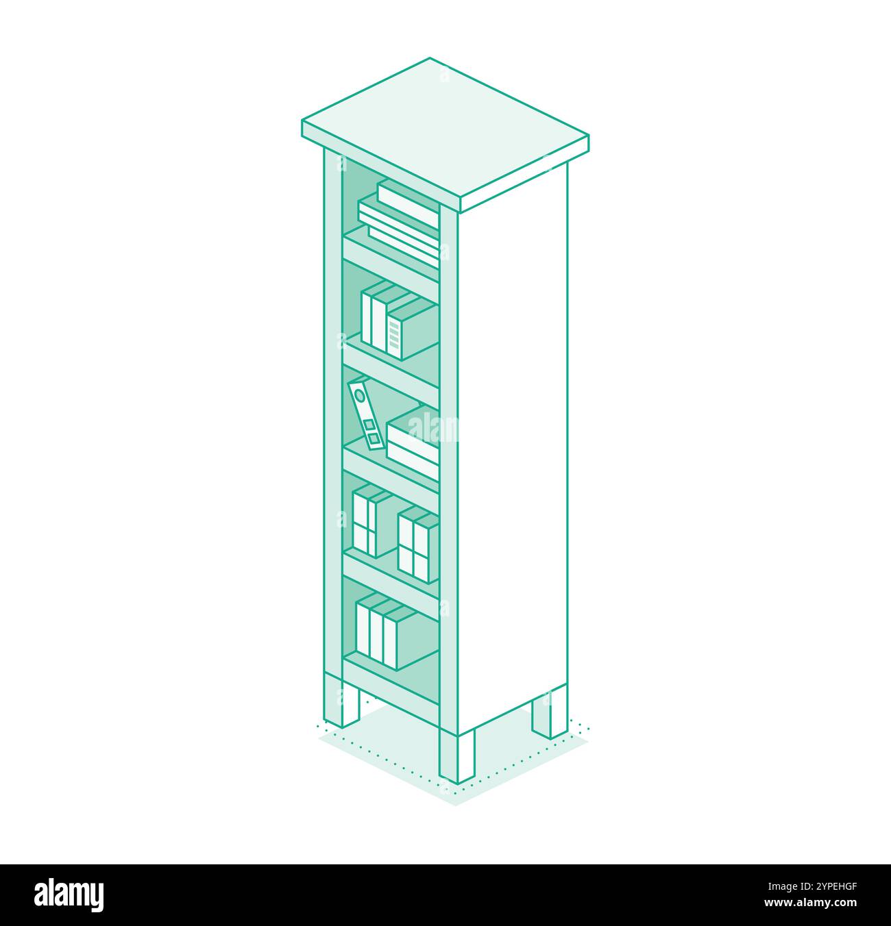 Isometric bookshelf. Outline style with green lines. Vector ...