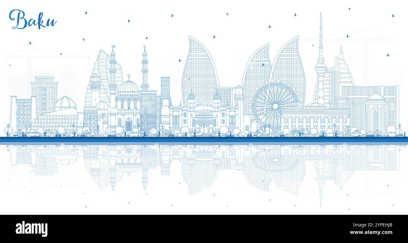 Outline Baku Azerbaijan City Skyline with Blue Buildings and ...