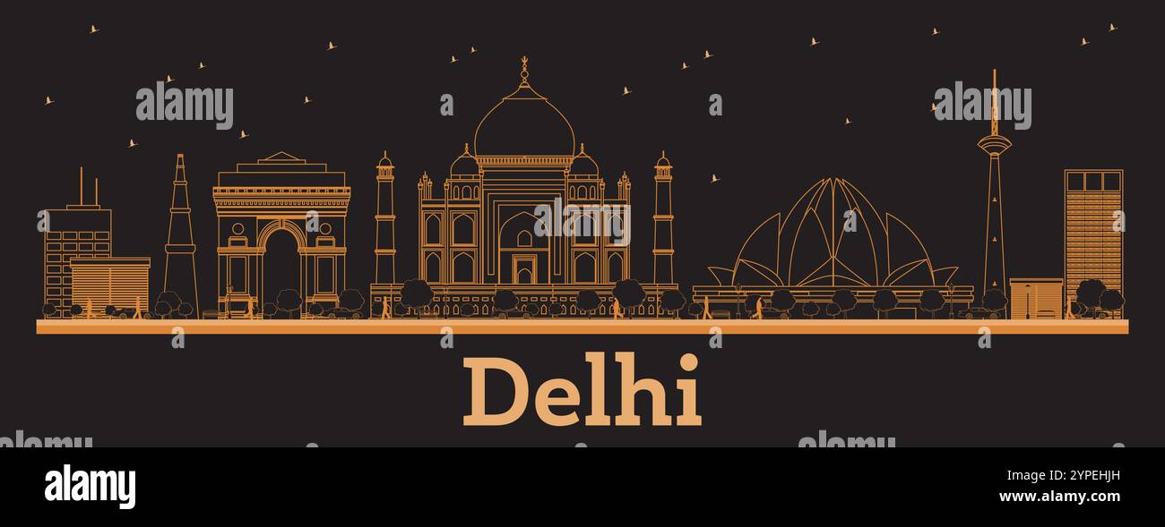 Outline Delhi India City Skyline with orange Buildings. Vector ...