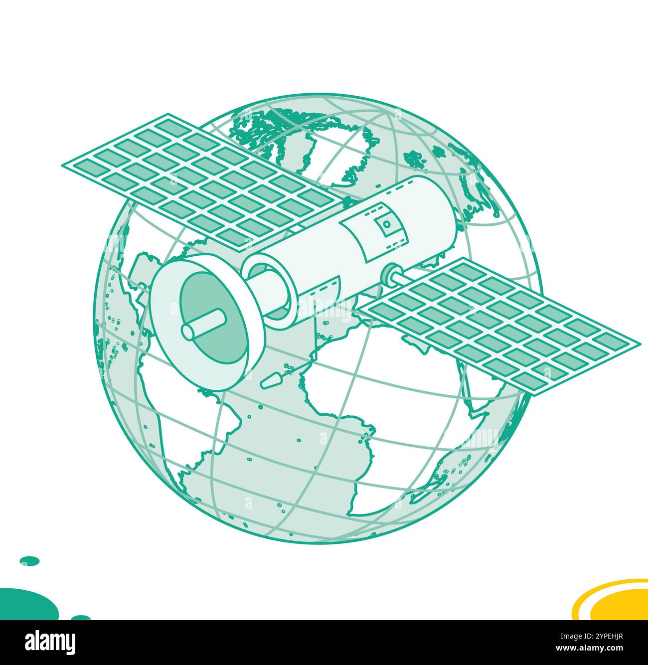 Isometric communication satellite with antenna flies in orbit around ...