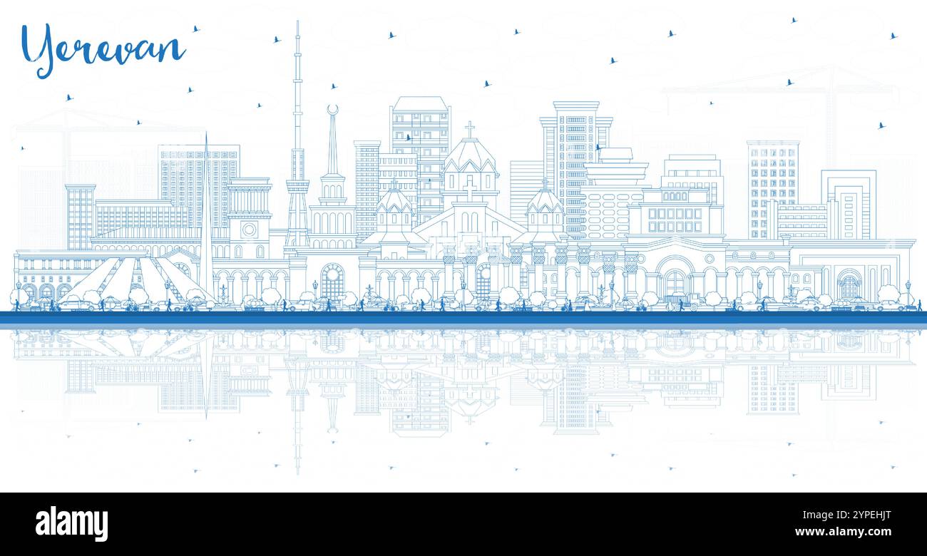 Seamless pattern with Outline Yerevan Armenia City Skyline with Blue ...