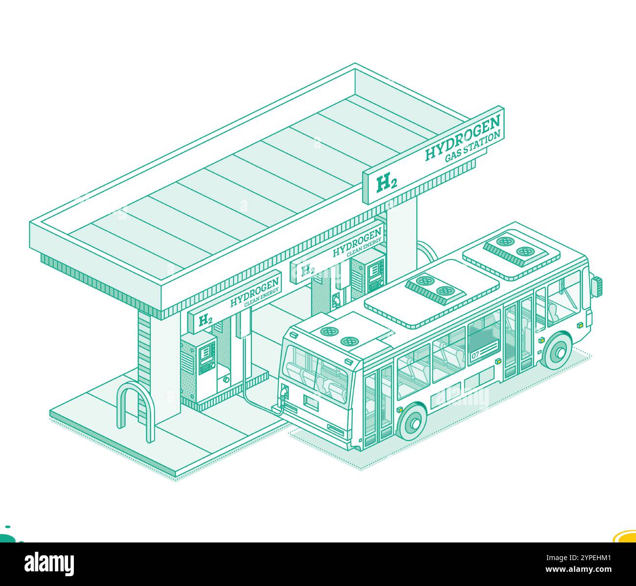 Bus near hydrogen fuel filling station h2. Isometric outline concept ...