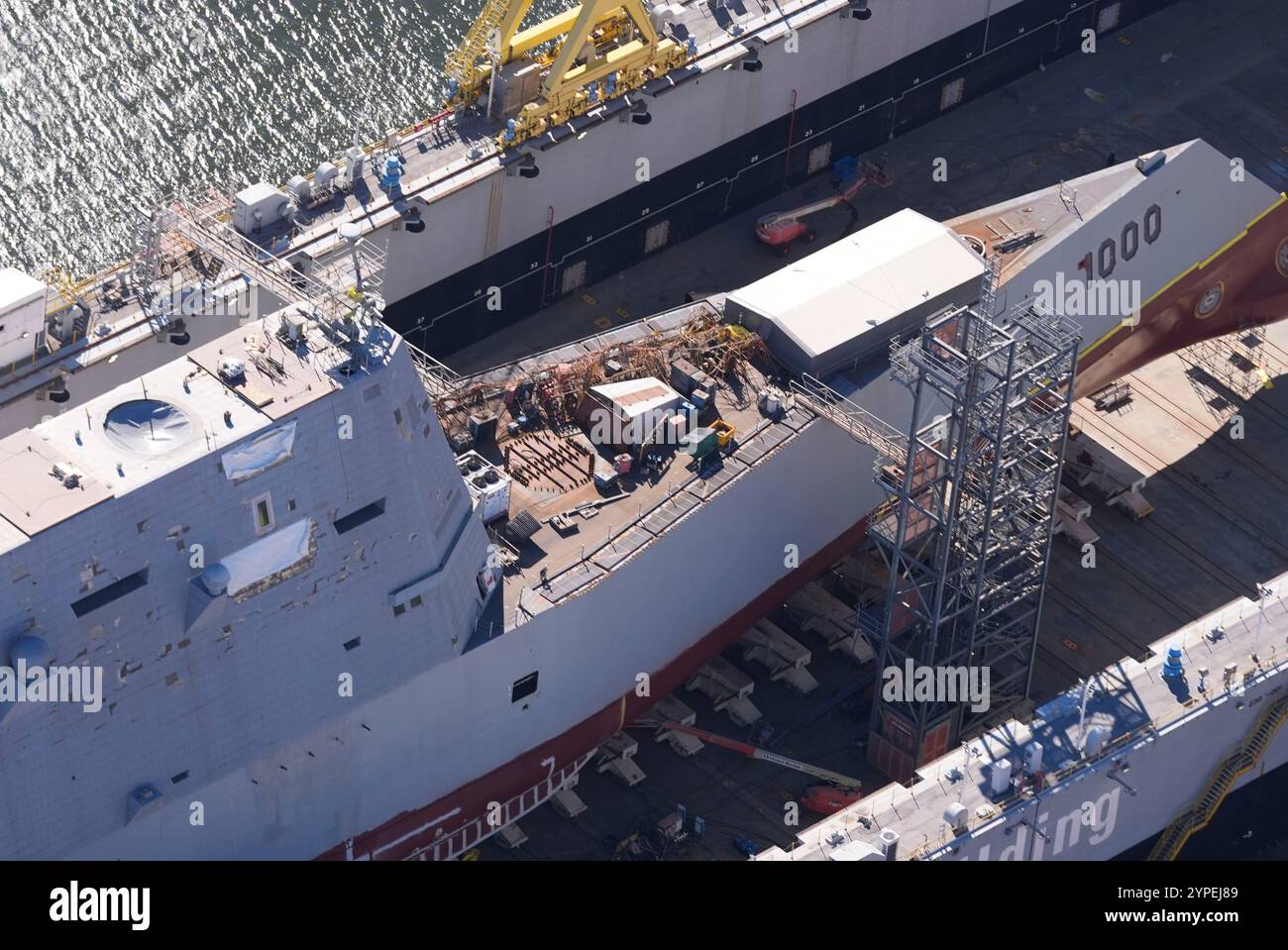 The USS Zumwalt is seen at the Huntington Ingalls shipyard in ...