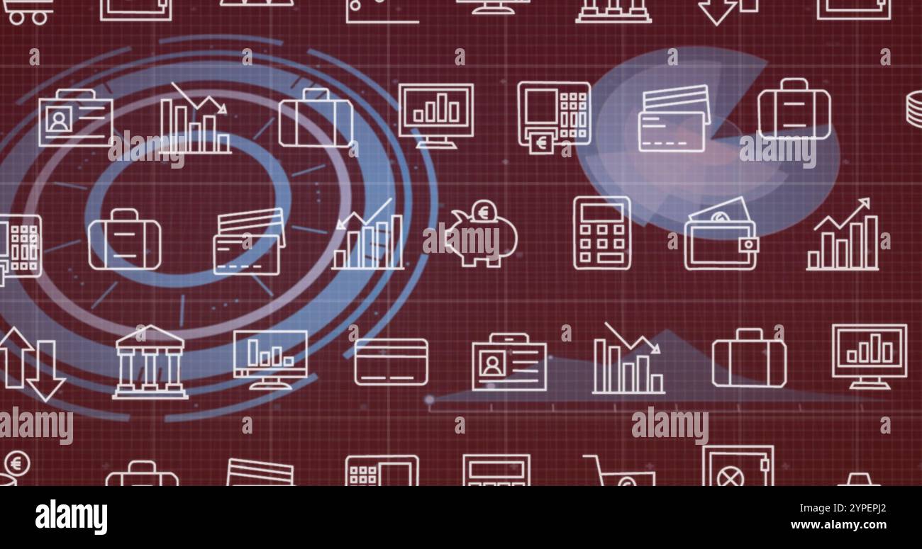 Financial and security icons image over red grid background Stock Photo ...