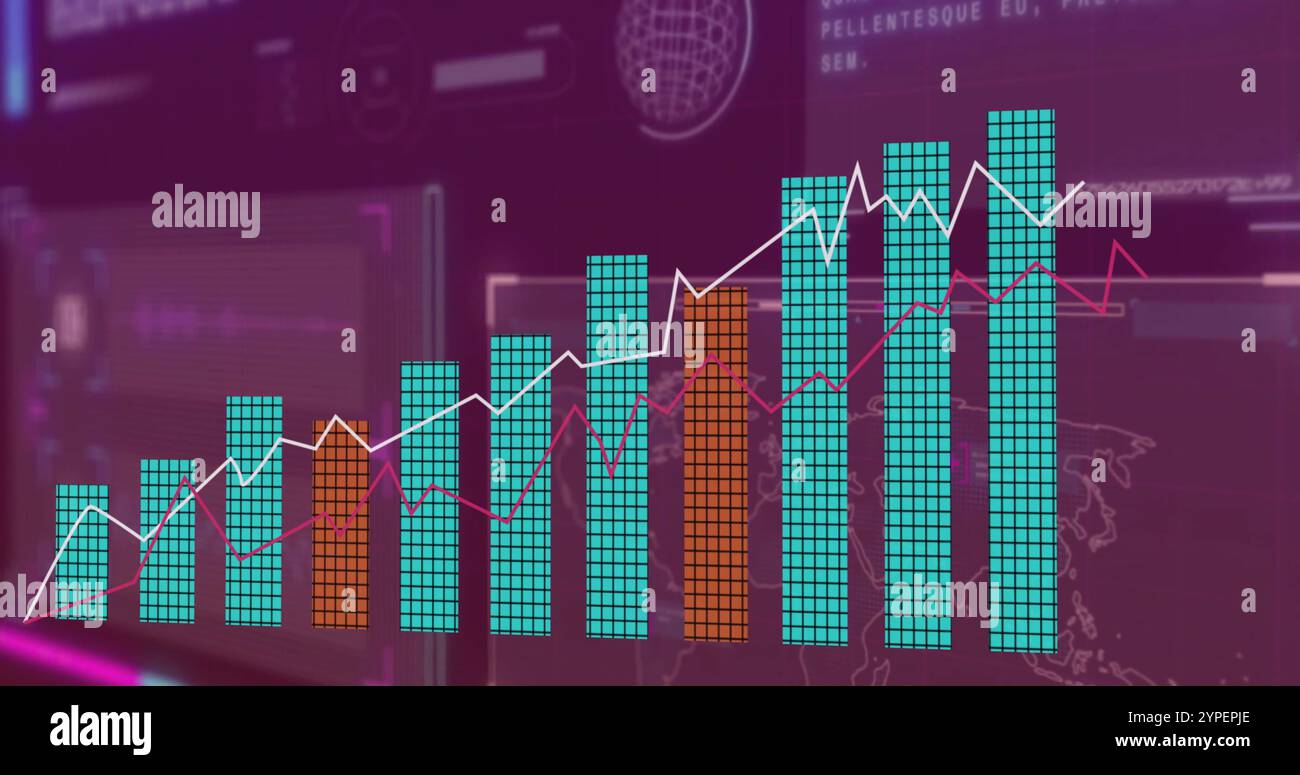 Financial data charts and world map with futuristic interface image ...