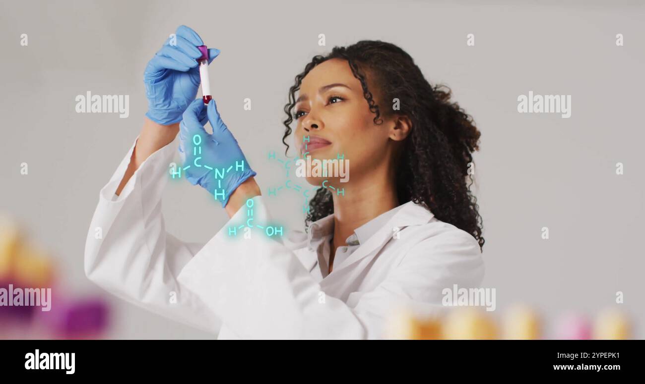 Scientist examining sample with molecular structure image overlaid ...