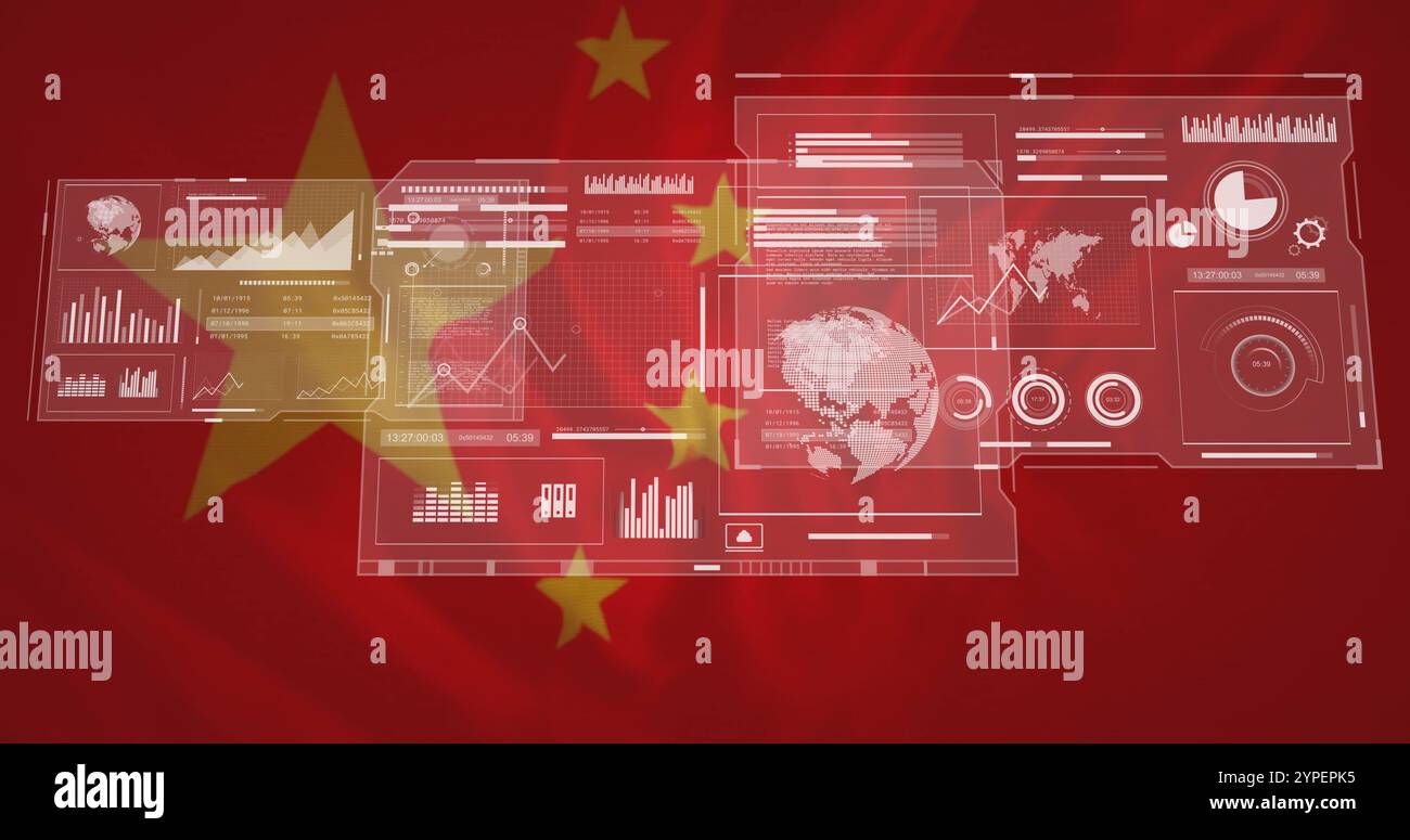 Data analytics and global statistics image over Chinese flag background ...