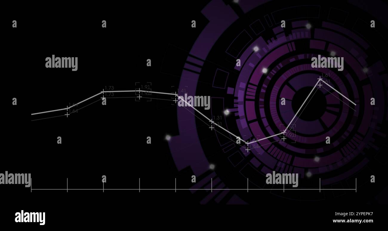Line graph with data points over abstract purple and black circular ...