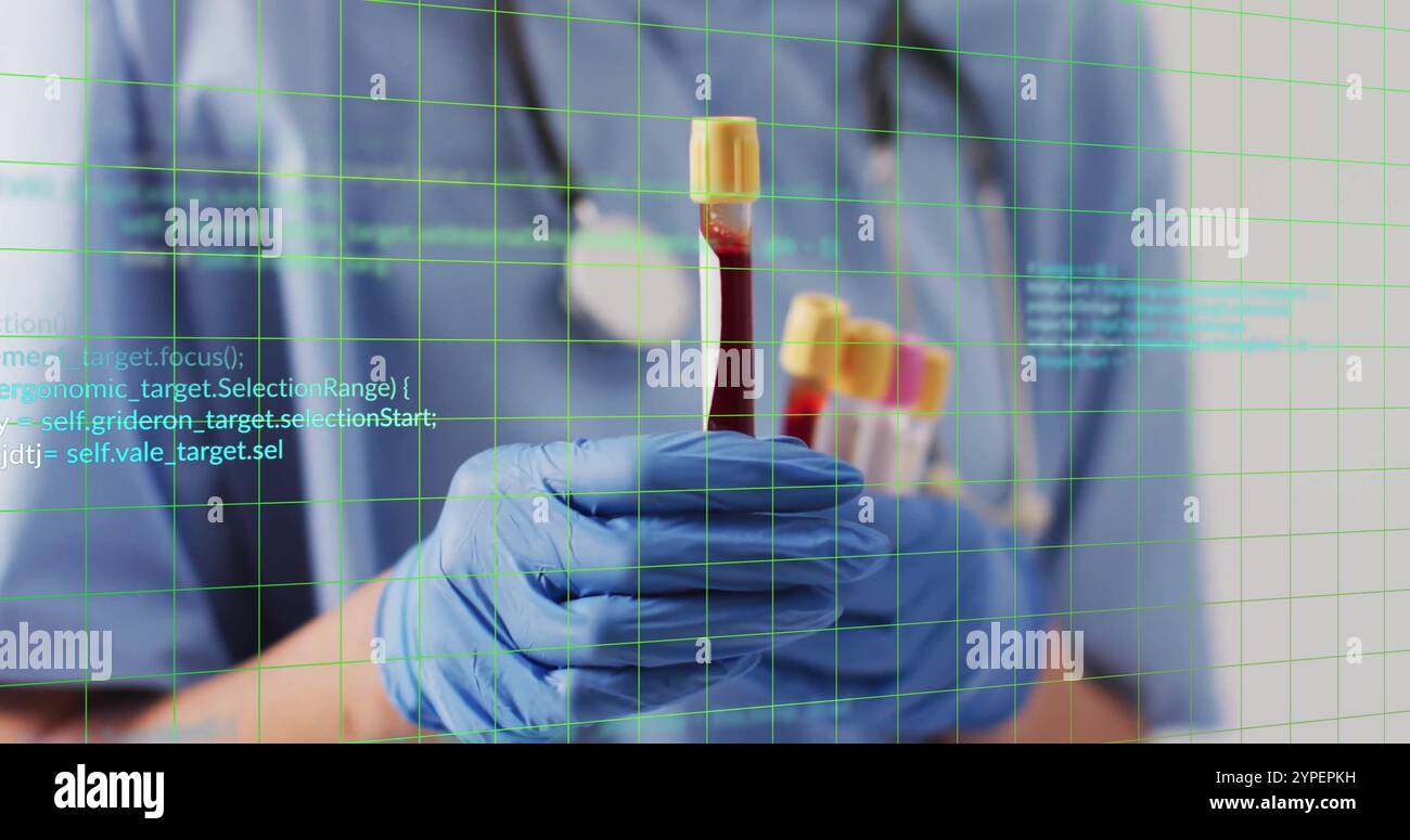 Holding test tubes, gloved hand with medical data processing image over ...