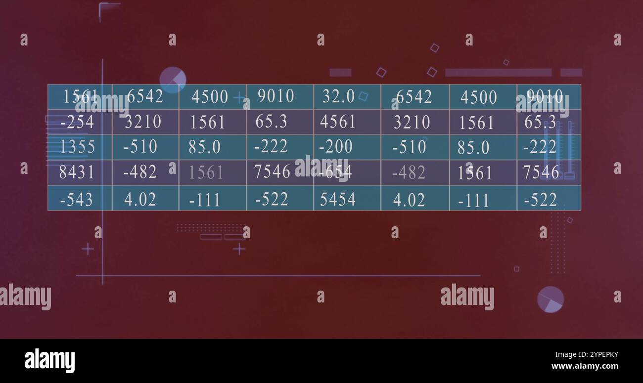 Data table with numerical values over red background with geometric ...