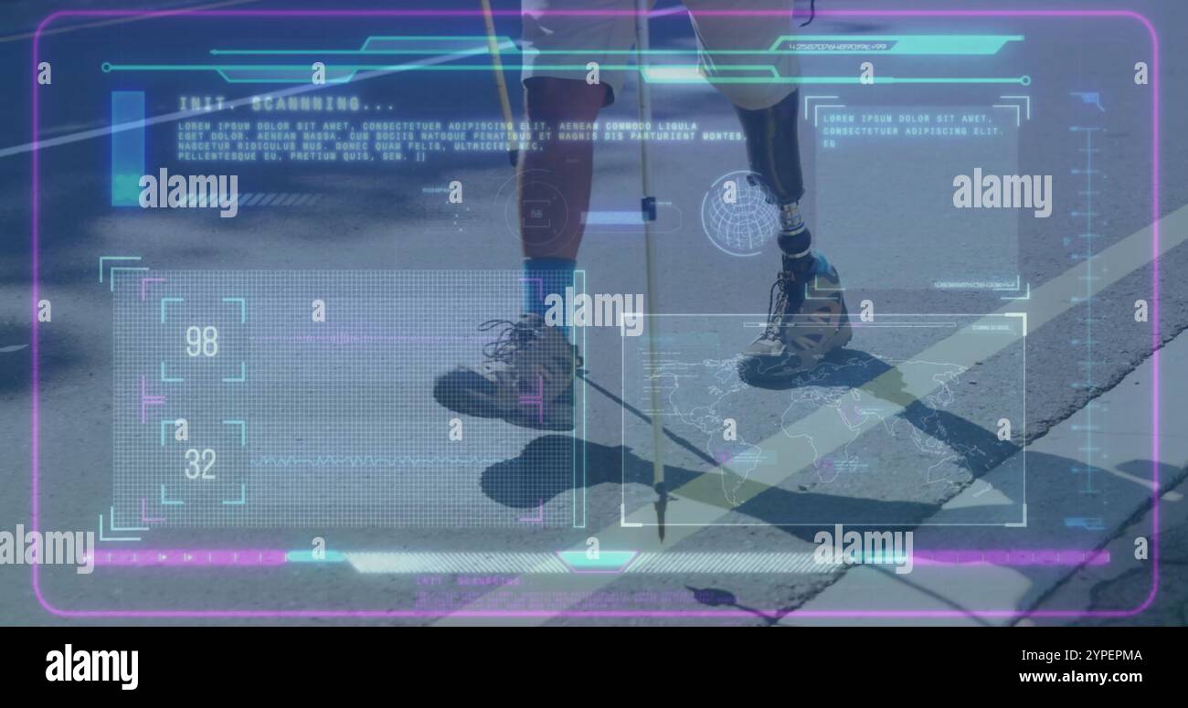 Prosthetic leg technology image over person walking with crutches on ...