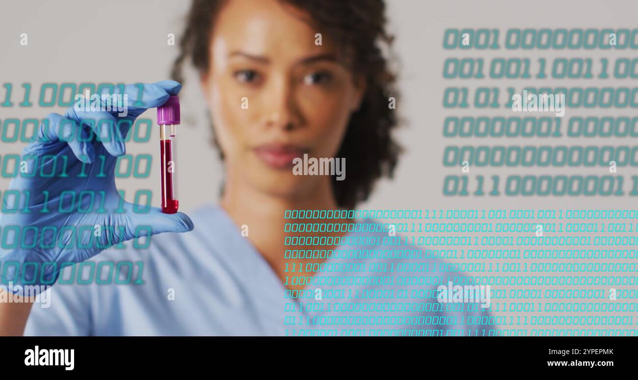 Holding blood sample, healthcare worker with binary code image over Stock Photo - Alamy