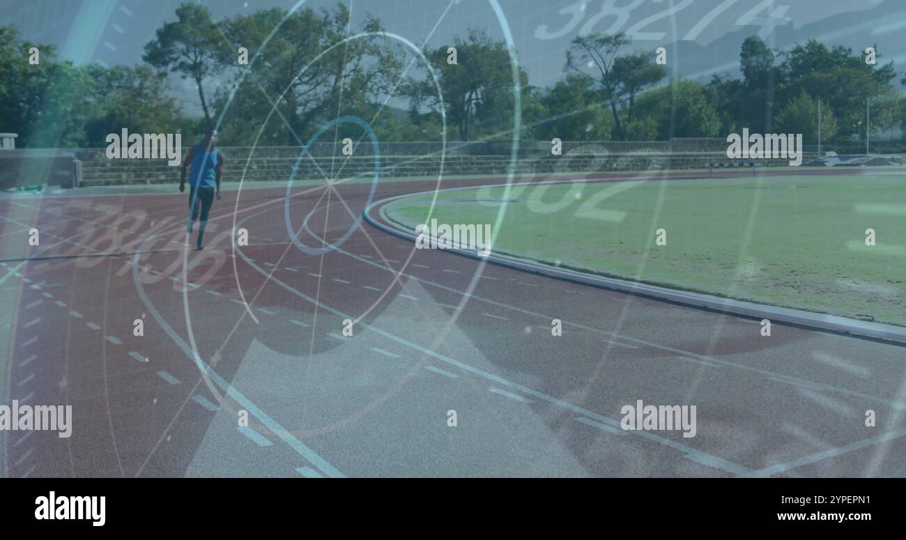 Runner on track with speedometer image over athletic field background ...