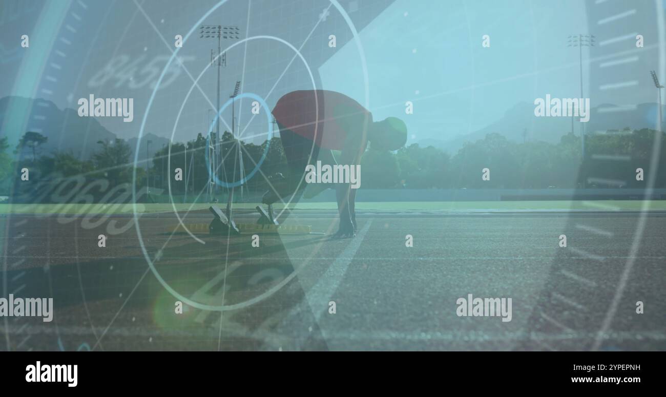 Athlete preparing to sprint with speedometer image over track field ...