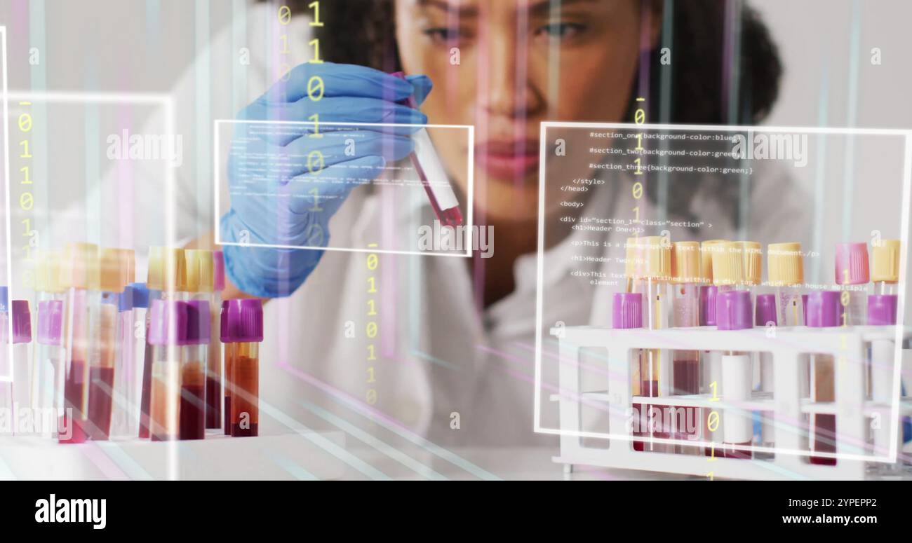 Analyzing blood samples, scientist with test tubes over digital data ...