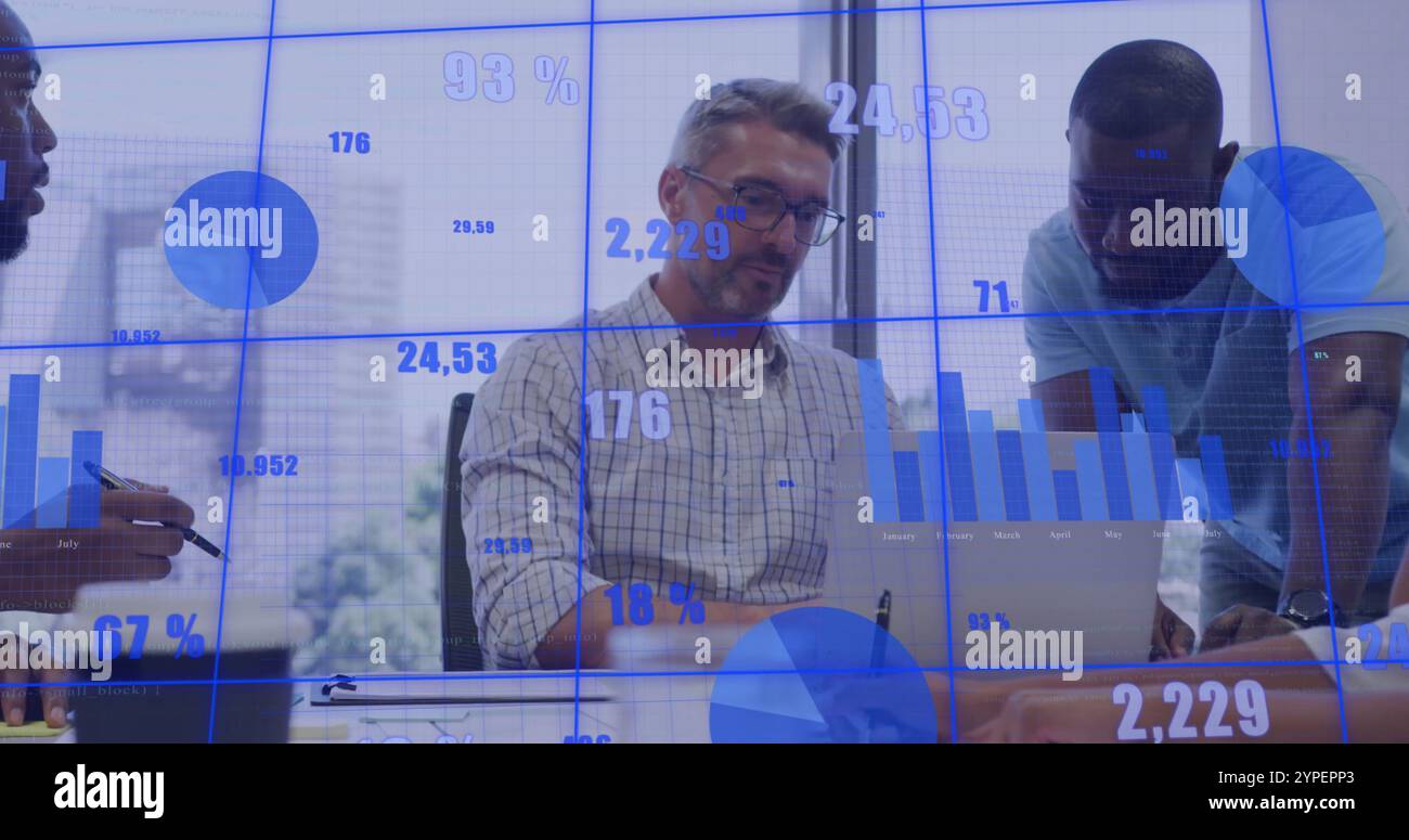 Image of data processing and diagrams over diverse colleagues talking ...