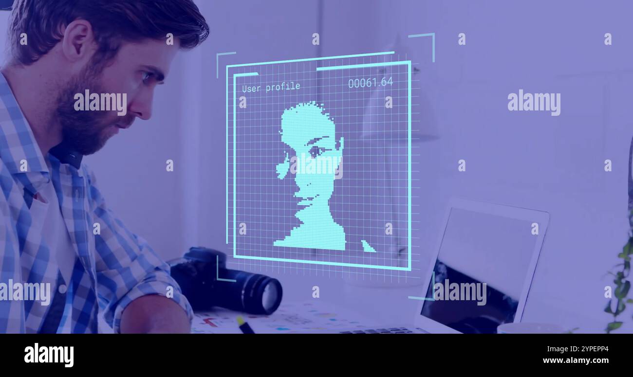 Image of biometric photo and data processing over caucasian businessman ...