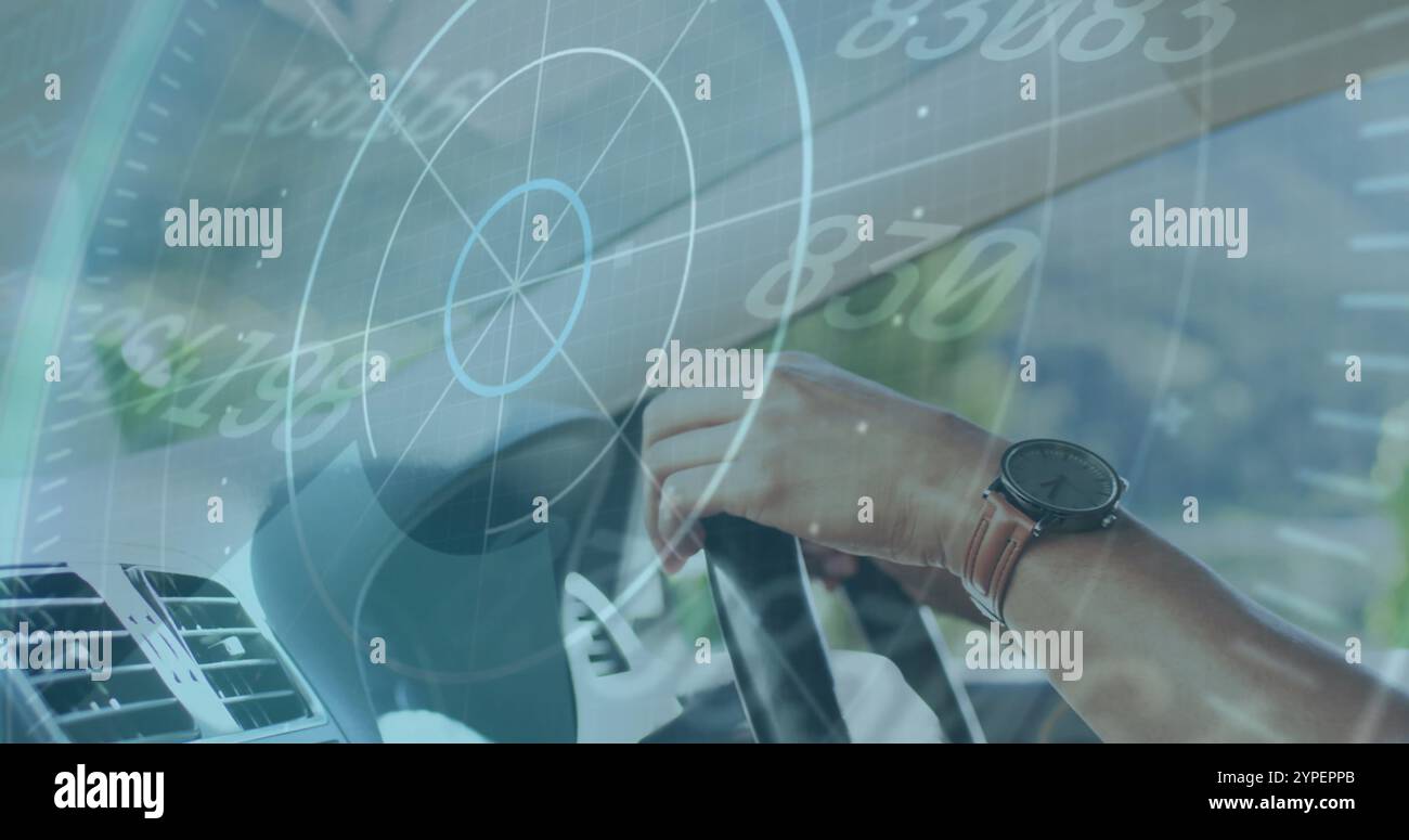 Driving car, hands on steering wheel with speedometer image overlay ...