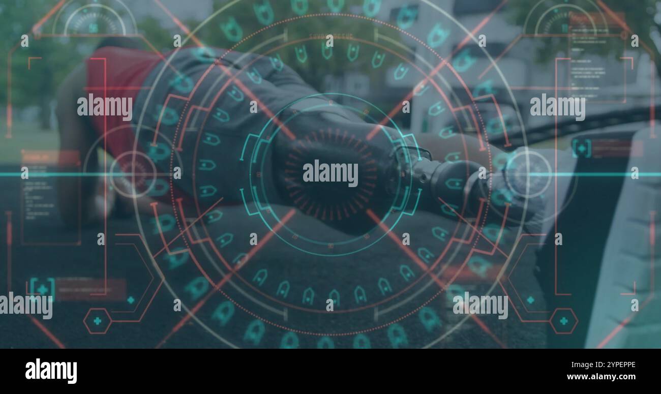 Futuristic HUD image over person exercising with push-ups outdoors ...
