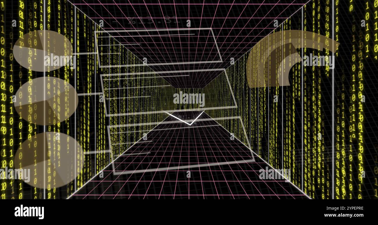 Digital grid and binary code image over abstract tunnel Stock Photo - Alamy
