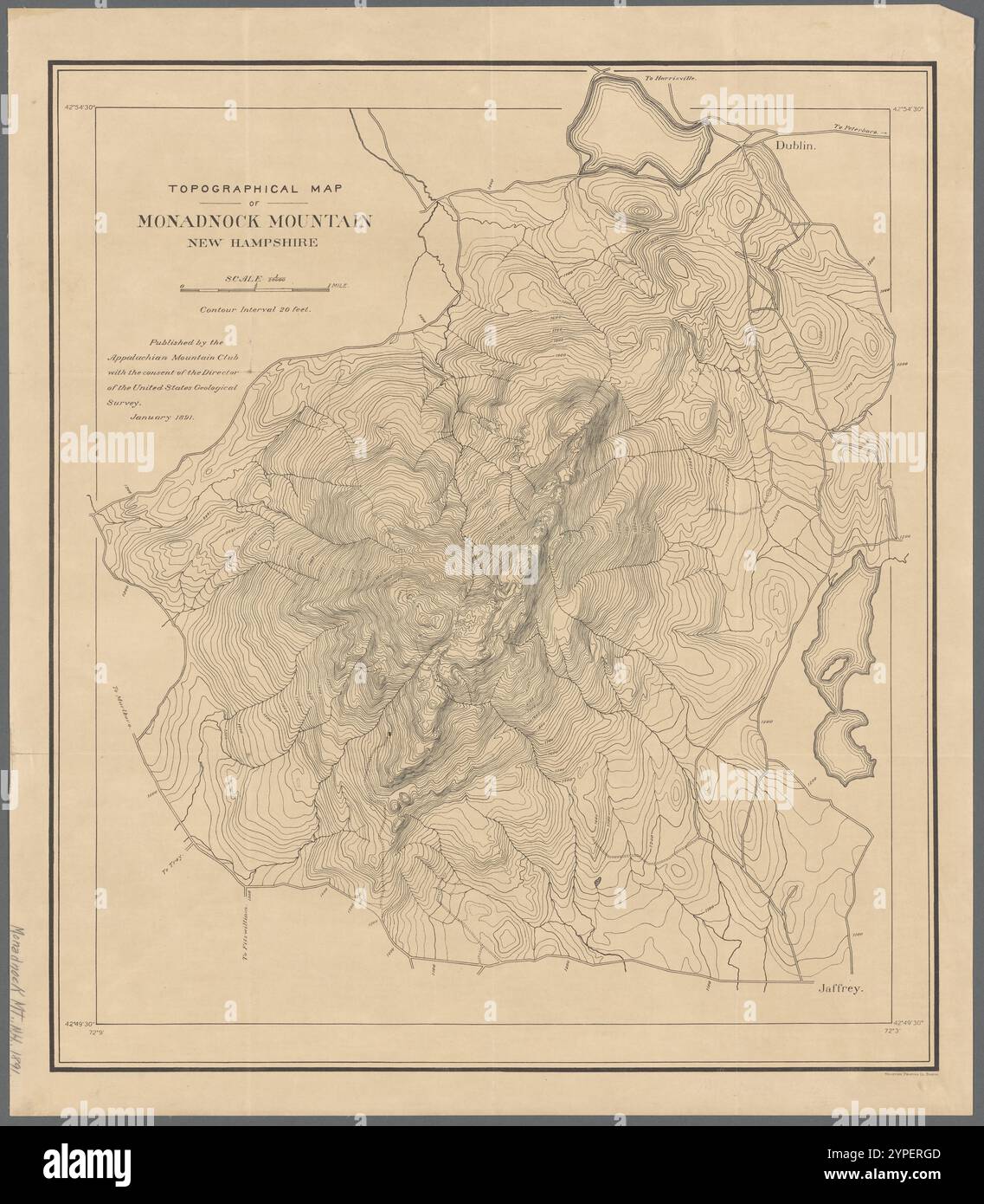 Topographical map of Monadnock Mountain, New Hampshire 1891 Stock Photo ...