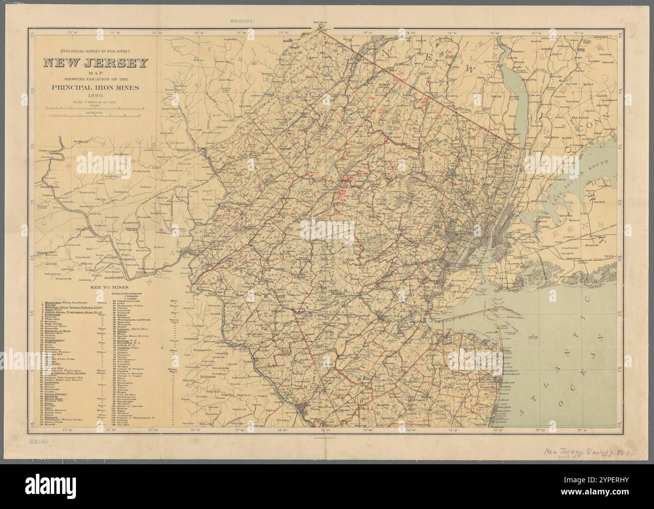 New Jersey map showing location of the principal iron mines 1890 Stock ...