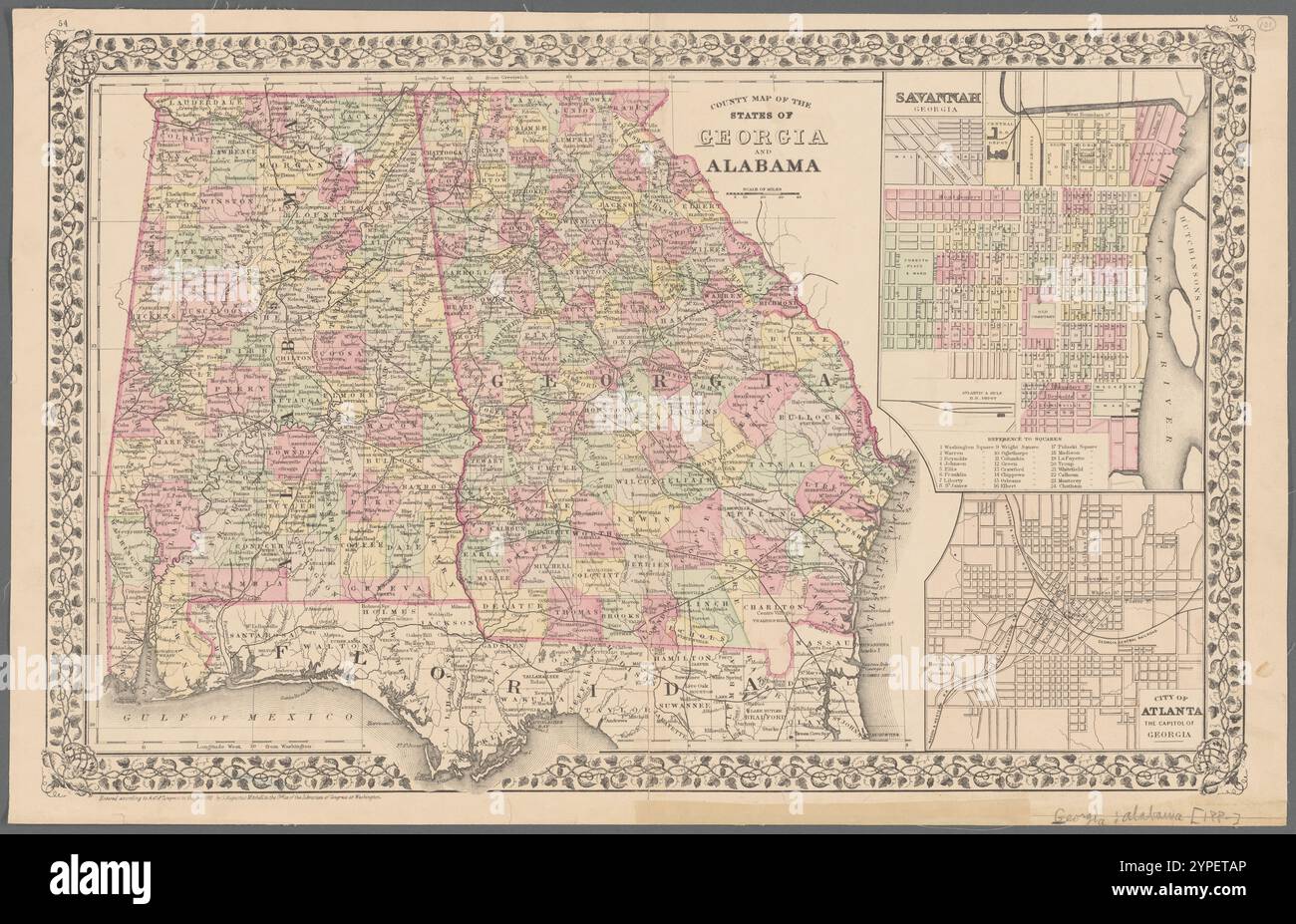 County map of the states of Georgia and Alabama 1881 Stock Photo - Alamy