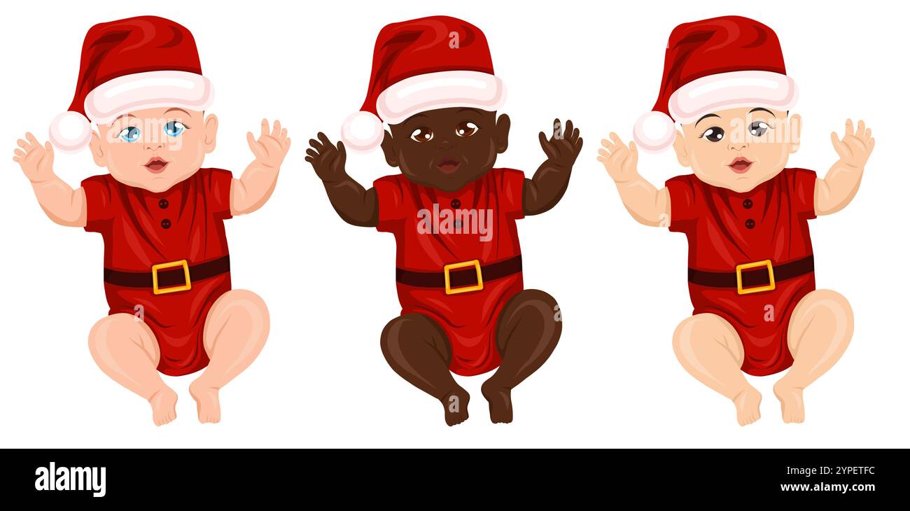 Vector set of babies of different nationalities in santa costume ...