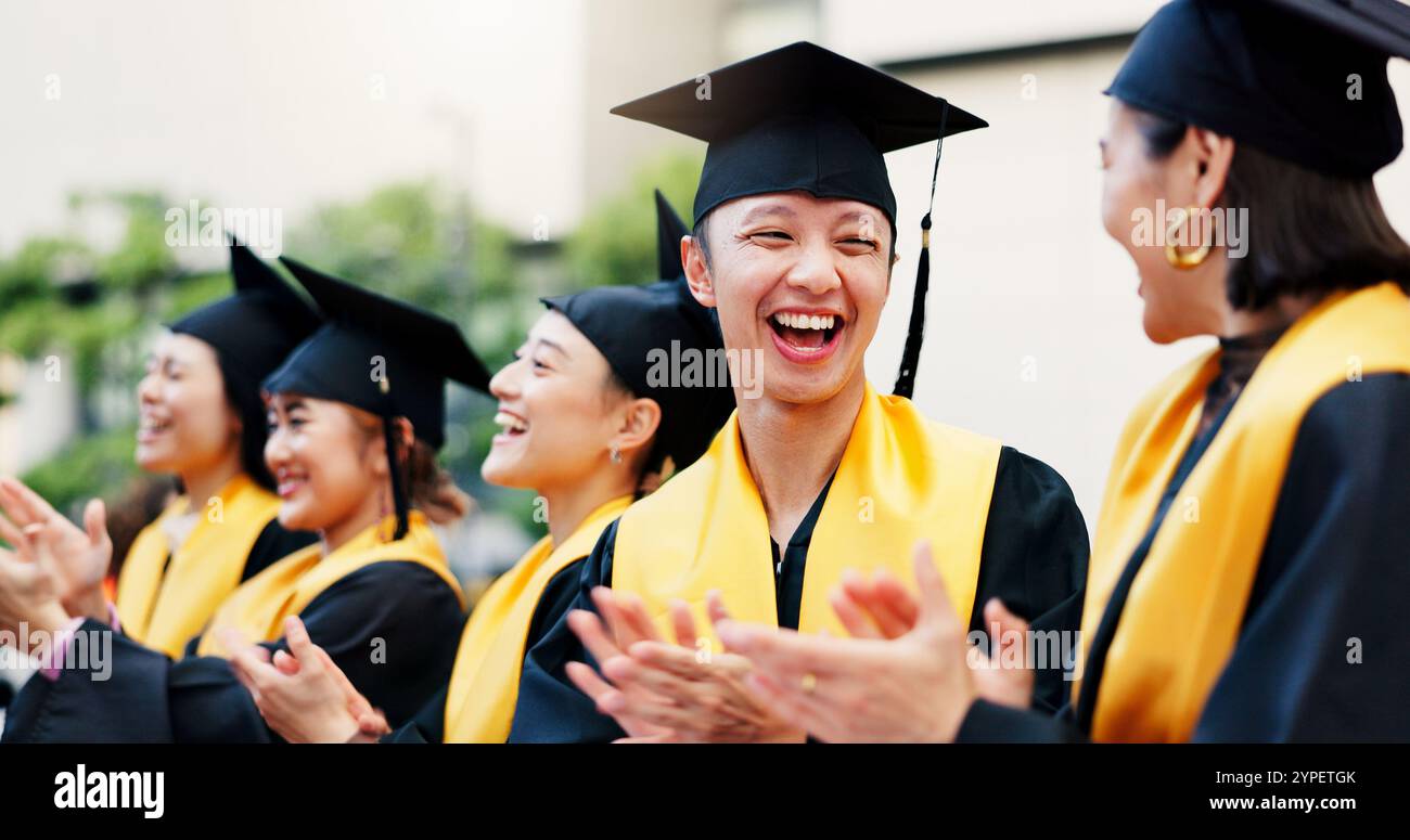 Applause, graduation and group of students, education and excited for ...