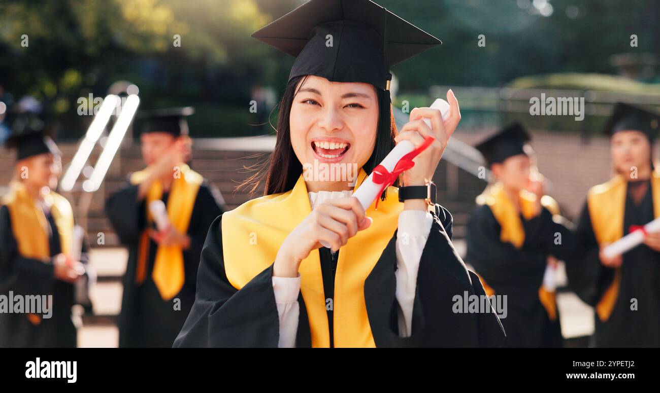 Woman, university student and excited with certificate for graduation ...