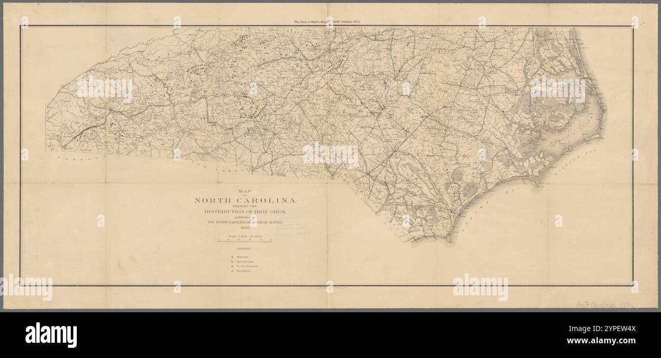 Map of North Carolina showing the distribution of iron ores 1892 by ...