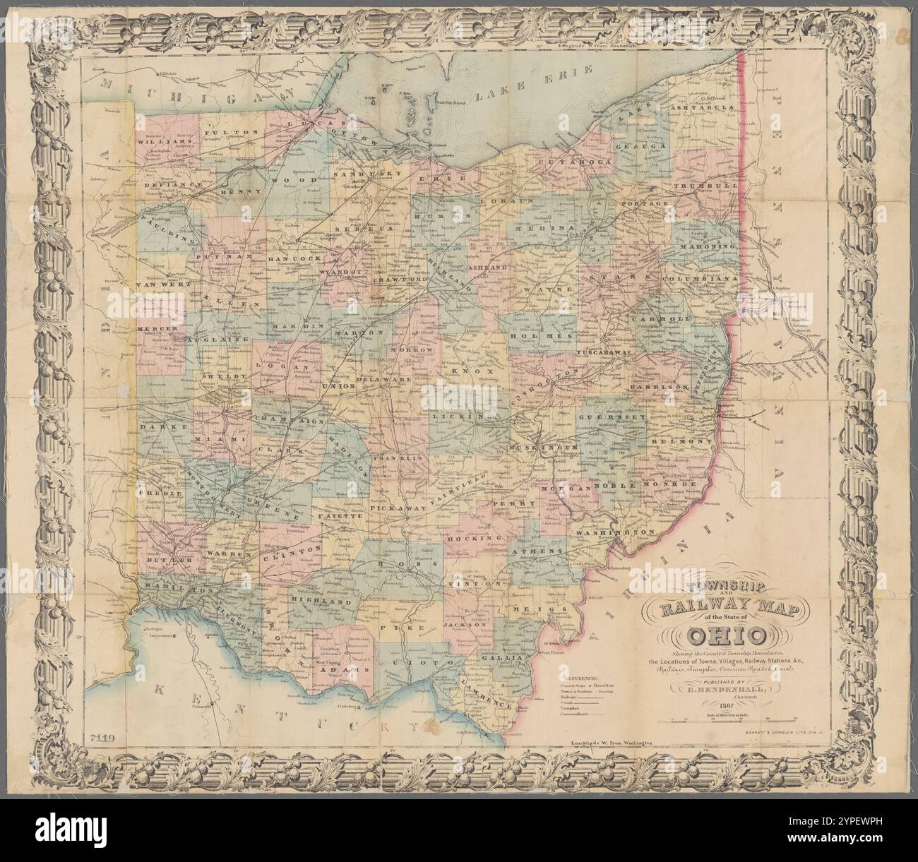 Township and railway map of the state of Ohio : shewing the county & township boundaries, the ...