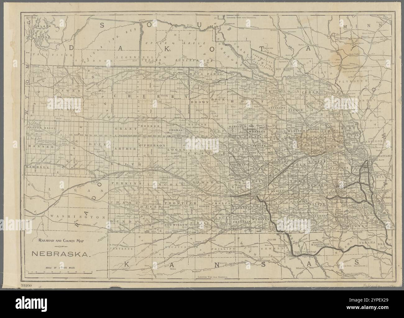 Railroad and county map of Nebraska 1890 Stock Photo - Alamy