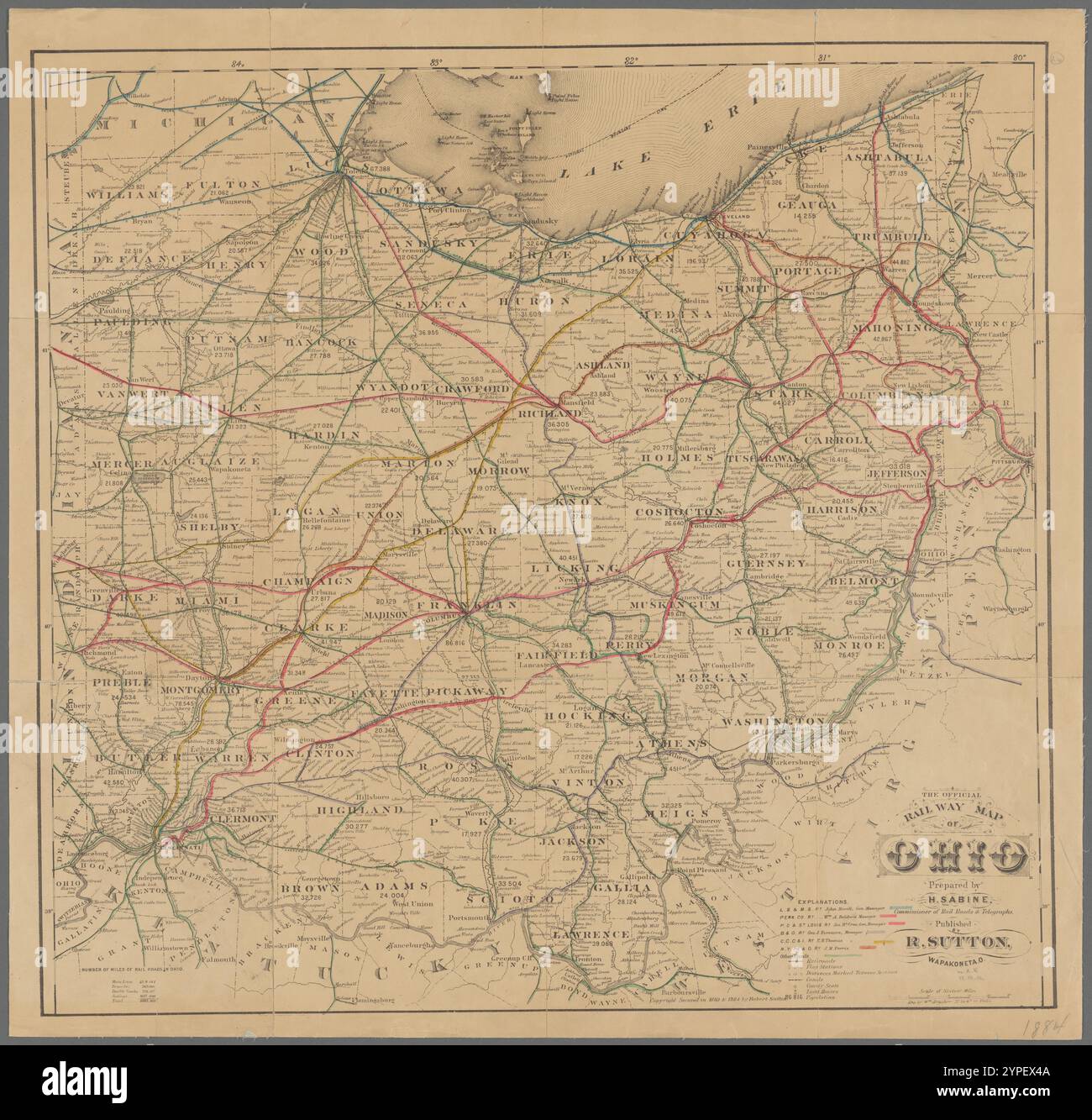 The official rail way map of Ohio 1884 by Sabine, H. (Hylas), 1829 ...