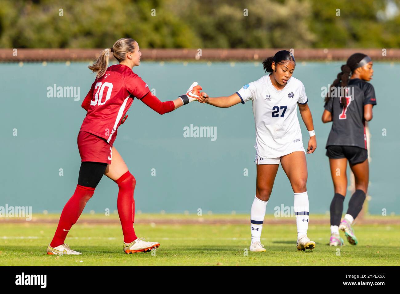 STANFORD, CA - NOVEMBER 29: Stanford goalkeeper Haley Craig (30) fist ...